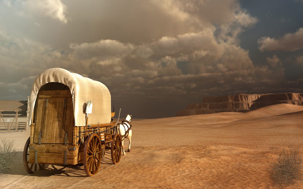 A pioneer's covered wagon in the desert - a painting - Tell Your Story ...